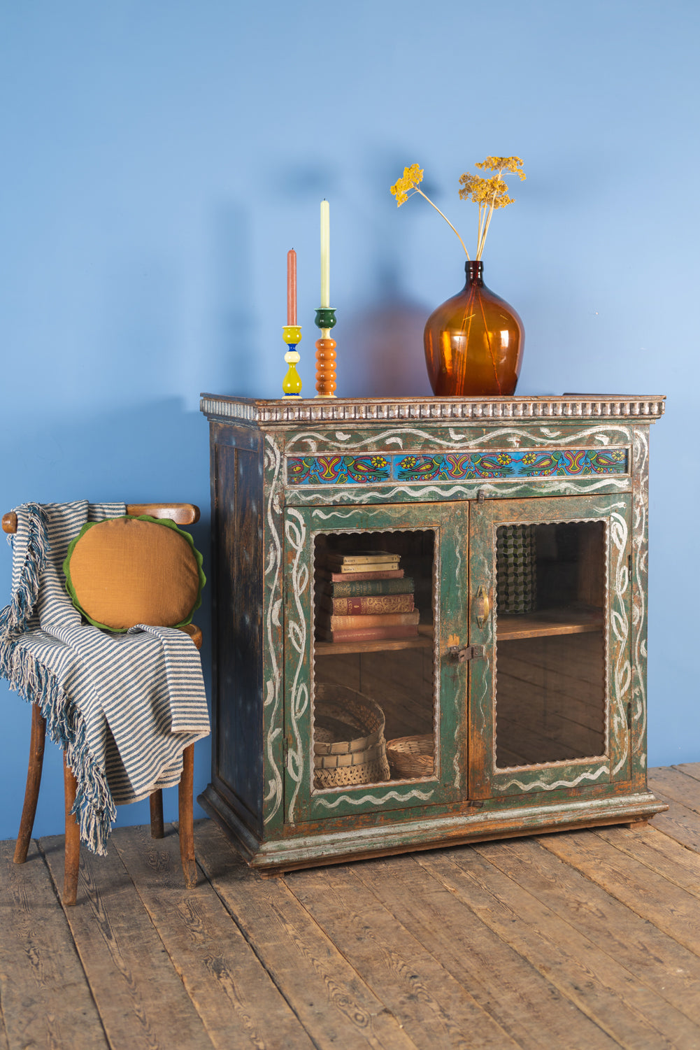 Painted Vintage Wooden Cabinet with Tiles W 103cm D 50cm H 107cm