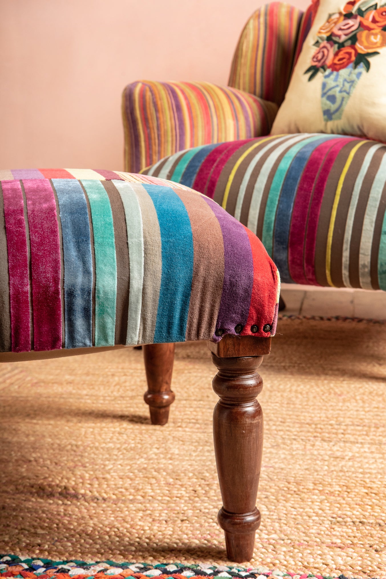 Striped Velvet Footstool - Great Old School Design – Ian Snow Ltd