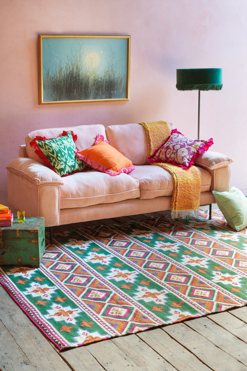 Clover Fields Green and Orange Large Kilim Rug – Ian Snow Ltd