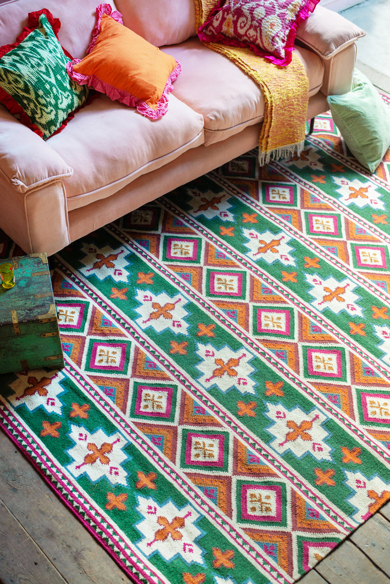 Clover Fields Green and Orange Large Kilim Rug – Ian Snow Ltd